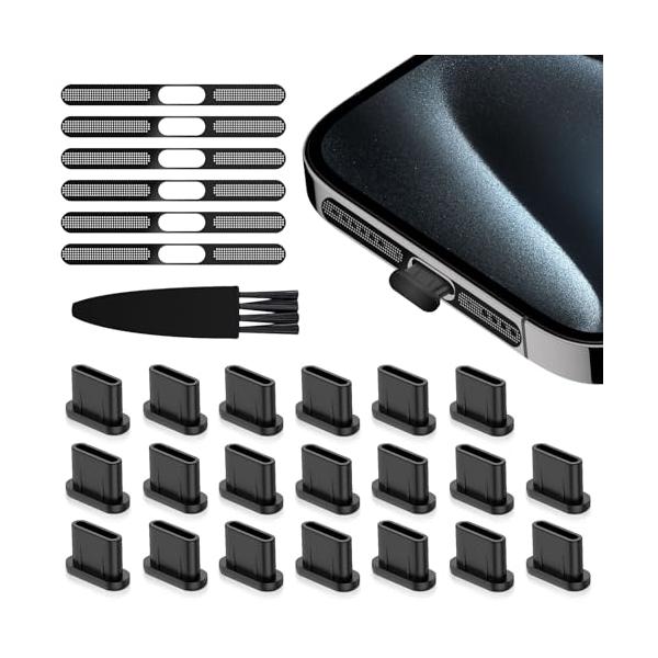 黒/小/VIWI-Dust plug 20・Color:黒・スマホ 防塵アクセサリーキットUSB-Cポート防塵キャップ・スピーカーカバー・クリーニングブラシ付き。充電ポートとスピーカー穴を埃・ホコリ・水しぶき・ポケットの糸くずから完全ガード...