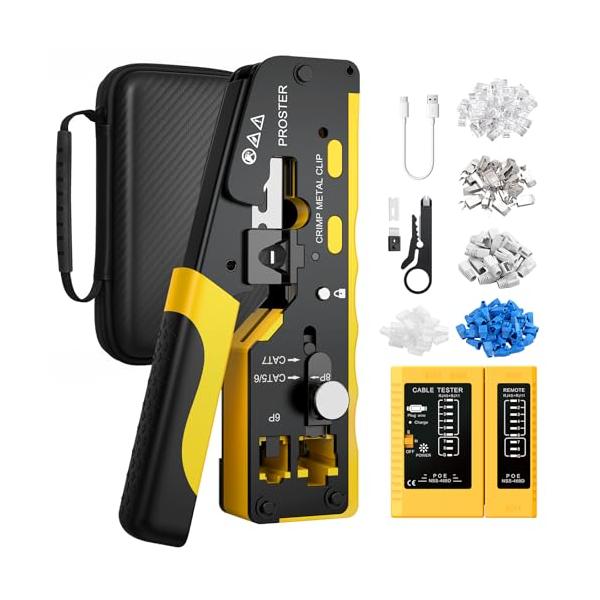 黒と黄色/-/PST310・パッケージ個数:1・RJ45/RJ11/RJ12対応 圧着工具CAT5、CAT5e、CAT6、CAT6A、CAT7など、さまざまな種類のネットワークケーブルに対応しており、あらゆるネットワーク配線ニーズを満たしま...