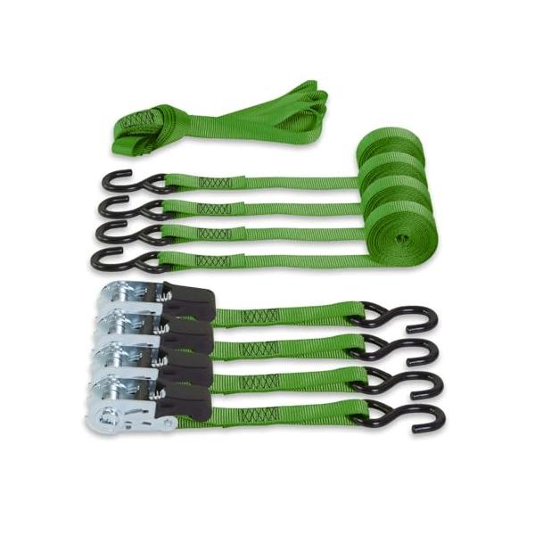 グリーン/4.5m/TJ11202S-G・Color:グリーン・商品仕様長さ：4.5ｍ、幅：2.5cm、重さ：2kg、セット：4本。破断強度：680kg、最大使用荷重：225kg・幅広い用途重い荷物の固定、軽トラックやトラック輸送時の荷物の...