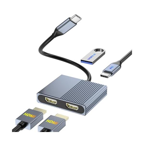 4 in 1グレー/-/?Type-C to Dual HDMI-01・Style:4 in 1・パッケージ個数:1・USB-CデュアルHDMI変換アダプタ4-IN-1 USB C デュアル HDMI アダプターは、デュアル HDMI ポー...