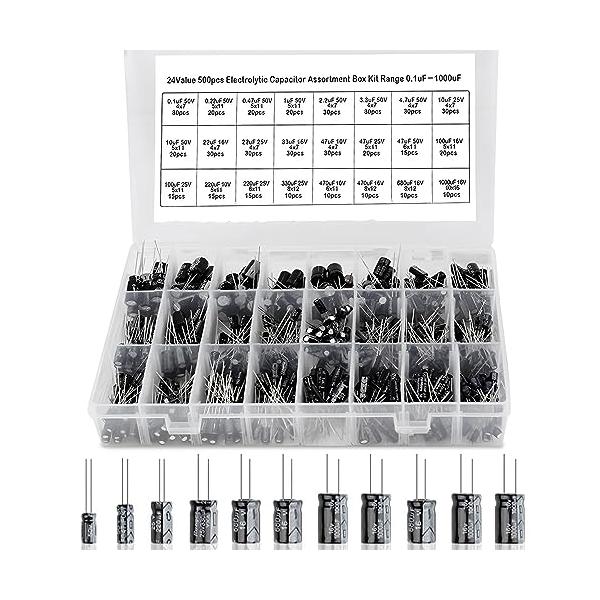 セット内容電解コンデンサ24種類500個セットです。内容：(0.1uF 50V)*30PCS (0.22uF 50V)*20PCS (1uF 50V)*20PCS (2.2uF 50V)*30PCS (3.3uF 50V)*30PCS (4...