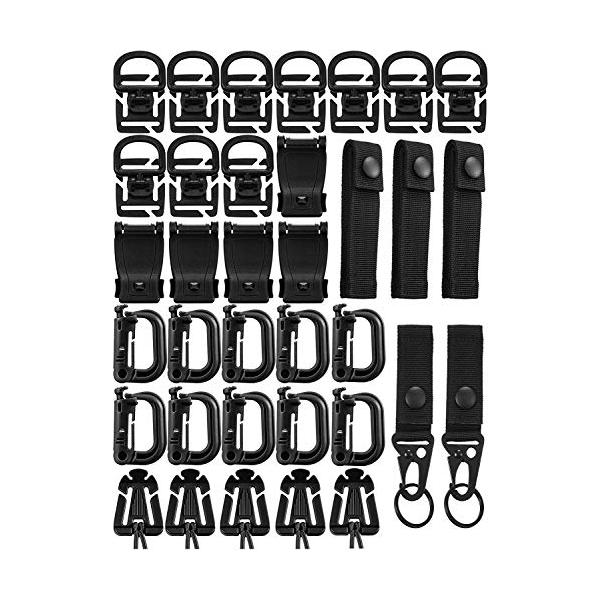 ブラック/-/-・6種類全部35個セットでコスパ抜群 パッケージ内容：Dリング*10＋Dリング 360 回転 フック ホルダ*10＋バックル クリップ *5＋ベルクロ式ベルトキーホルダー*2+タイ ロック吊り*3+ウェビングクリップ*5 経...