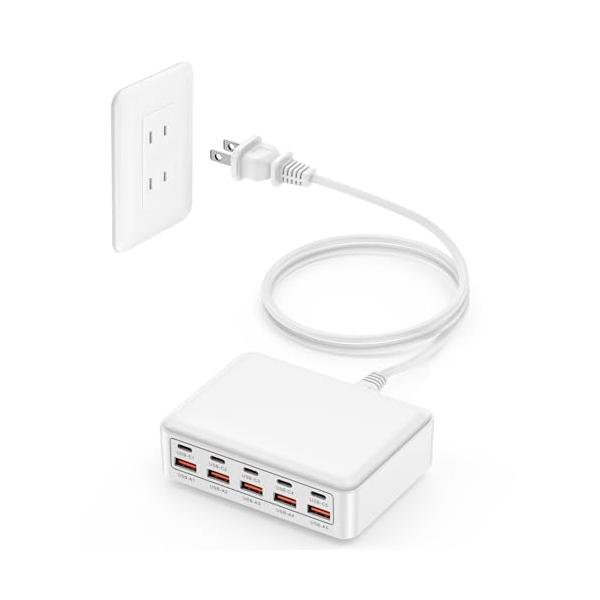 White 10ポート/-/-・Color:White 10ポート・新型10ポートType-C充電コンセント旧モデルと比較し、USB-Cポートを5ポート搭載し、主流PD急速充電機能に完全対応！最新iPhone16を30分で0%→65%以上充...
