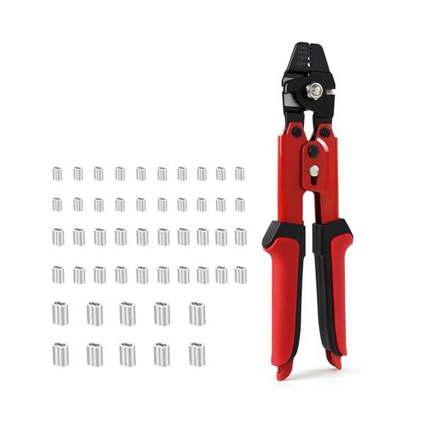 レッド/-/PL-260-CS-R・Model:PL-260-CS-R・お買い得な圧着ペンチセットワイヤーロープ圧着ペンチｘ1   50pcsスリーブ付き:8文字型スリーブ:1mm x 20pcs、 1.5mm x 20pcs、2mm x ...
