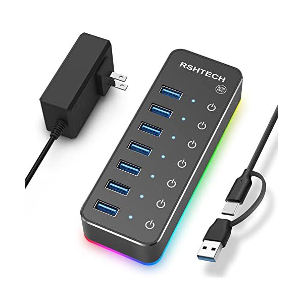 ブラック/7ポート/-・Color:ブラック・14 RGBライティングモード RSHTECH RGBゲーミング USBハブは、カラフルでダイナミックな呼吸する照明モードとモノクロの静的照明モードを含む14の照明モードを搭載し、ゲーム/仕事に...