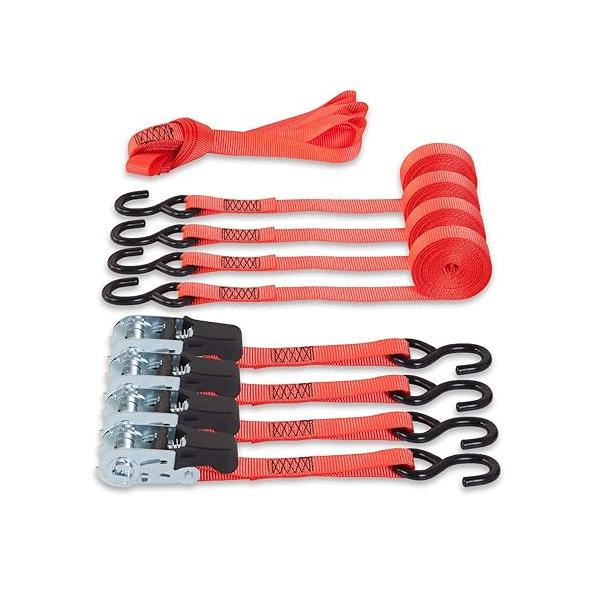 レッド/4.5m/TJ11202S-R・Color:レッド・商品仕様長さ：4.5ｍ、幅：2.5cm、重さ：2kg、セット：4本。破断強度：680kg、最大使用荷重：225kg・幅広い用途重い荷物の固定、軽トラックやトラック輸送時の荷物の締め...