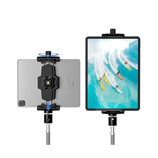 ・黒い  KDD-046・・Color:黒い・より安定・安全アップグレードされたipadトライポッドマウントアダプターは、ベースの中央に補強リブを内蔵しています。強力なスプリング式アームと大きな顎を組み合わせて、デバイスを確実に保持します。...