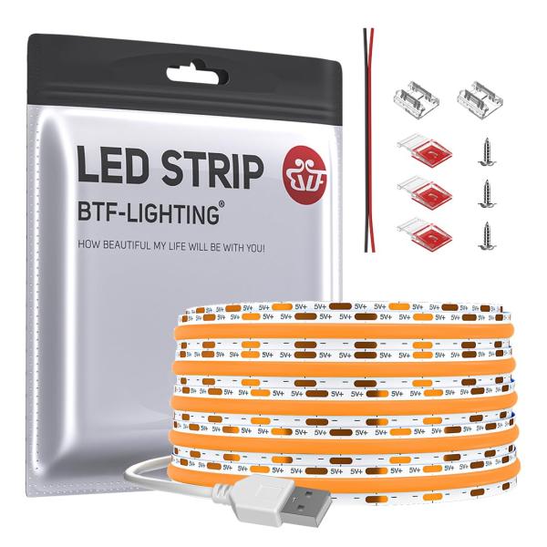 「超明るい」 DC5V 320LEDs/m 1M 8mm 橙色 オレンジ。フレキシブルチップを搭載したボードのFCOB LEDテープライト。従来の5050 SMD 3528 SMDに比べ、FCOBテープライトの緻密な発光ユニットは、中間部の...