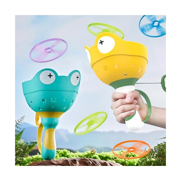 Green+Yellow/-/-・Color:Green+Yellow・遊び方簡単パッケージ内容：カエルフライングランチャー x 2、フライングディスク x 24。電池不要で簡単に遊べます。子供たちはランチャーのタブを引くだけで、フロッグラ...