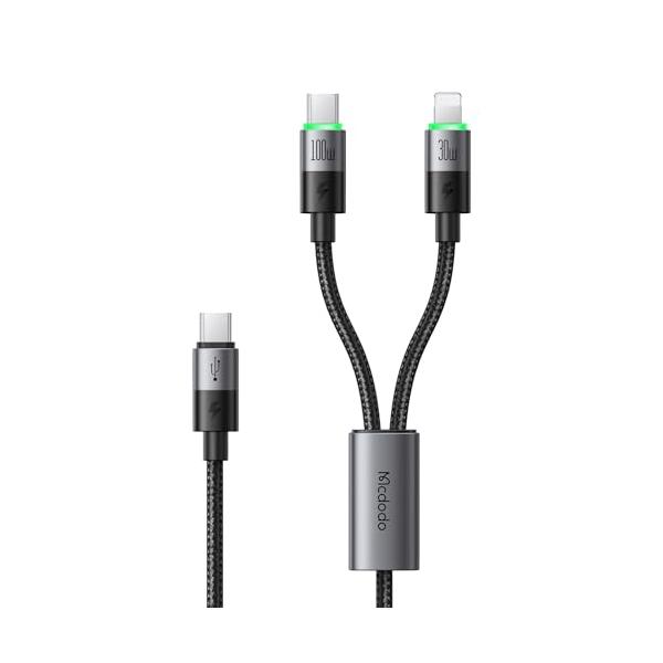 ブラック/-/CA-6700-JP・パッケージ個数:1・2in1 100W急速充電ケーブル USB-C to USB-C &amp; Light-ning：100W高出力。E-Markerチップ搭載。2台同時充電。LEDライトリング付き。デ...