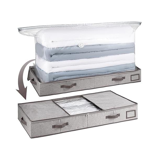 グレー/XL/-・Size:XL・収納力に抜群：収納ボックス(1枚)：105*43*15 cm ；圧縮袋(1枚)：130*75*40 cm。収納目安：掛け布団を3 ~ 5枚、枕を4個、衣類を10〜12枚、ぬいぐるみを10〜15個収納できます...