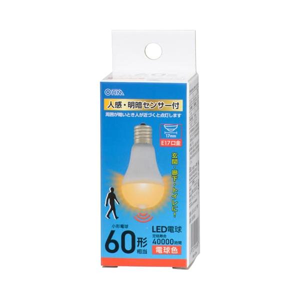 電球色/60形/LDA7L-G/E17 PIR・Color:電球色Size:60形・パッケージ個数:1・ 特 長 　◆ 周囲が暗いとき人が近づくと点灯します　◆ 人の動きがなくなると約2分後に自動消灯　◆ 急に消えないから安心、消灯お知らせ...