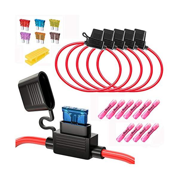 ?防水のヒューズホルダー5個入り+6個中型ブレードヒューズ(3A/5A/7.5A/10A/15A/20A各1個入り)+10個防水熱収縮端子(赤)。・?ユニバーサル、それはすべての車両に使用することができます。・?トラック、自動車に適用防水の...