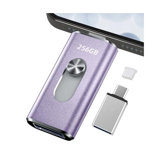 パープル/256GB/-・Size:256GBColor:パープル・プリ不要でPhone から直接 USB に写真・動画を移す  この Phone 対応 USB メモリは、専用アプリ不要でスマホのアルバムから動画・写真データを直接外付け U...