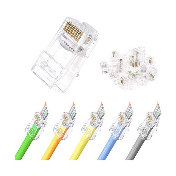 ・トランスペアレント 100個セット SJ661・機能：貫通型RJ45コネクタ。CAT6、CAT5E、CAT5ネットワークケーブルに適用。直径：0.93 mm?1.04 mm、23-26AWGのワイヤに適する。・貫通タイプ：穴あきで、配線の...