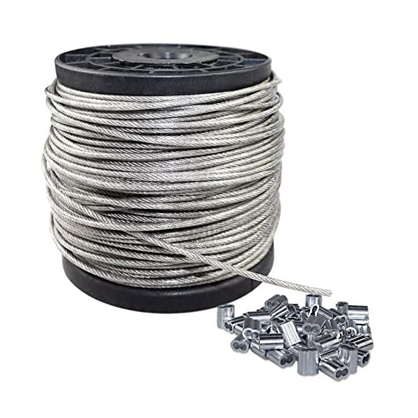 -/100m×2mm/-・Size:100m×2mm・商品仕様品名：ステンレスワイヤーロープ ワイヤー径：2mm（ワイヤー径1.5mm+ビニール被覆0.5mm) 長さ：100ｍ 破断荷重：210kg 8文字型アルミスリーブ付き 100個入り...