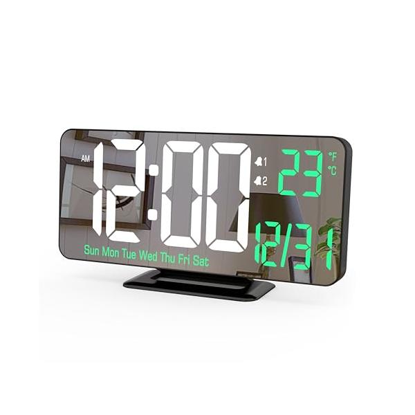 モダンブラック/適切/ACD-330・Color:ブラック・[6.7インチデジタル目覚まし時計]黒い小さなデジタル時計は、洗練されたミラー時計スタイルの6.7インチLEDライトディスプレイを備え、デュアルアラーム、12/24時間形式、日付、...
