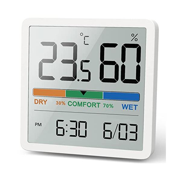 白い/-/-・Color:白い・コンパクトさのサイズサイズ:約幅7×奥行7×高さ1.3cm；小さくて邪魔にならず、文字は見やすい大きさで、遠くからても確認しやすいです。防水仕様ではないです。・快適度がひと目でわかる温度・湿度計は「DRY乾燥...
