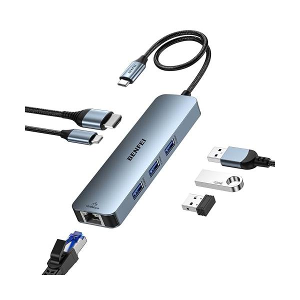 シルバー/-/000378grey・パッケージ個数:1・?ポータブルで高性能BENFEI USB Type-Cハブ：20cmの柔軟ケーブル、25 000回以上の耐久性。HDMI×1、ギガビットLAN×1、100W充電×1、USB3.0×3で...