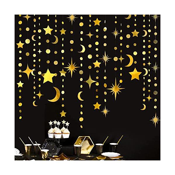 ・金の星と月  ・・Color:金の星と月・??パッケージに含まれるもの：4つのマテリックゴールドスターとムーンサークルドットガーランド（4つのスタイル）、8セットの大きなハンギングゴールドスターとムーンサークルドットカットアウト（4つのス...