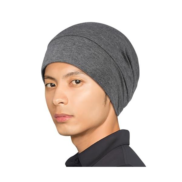 ダークグレー/M-L/LULUSILK・Color:ダークグレー・このナイトキャップは、表地がレーヨン、裏地がシルクで、内側には6cm幅のレーヨン部分があります。サイズ調整なゴム紐が内蔵されていて、ボタンで調節できるようになっています。ただ...