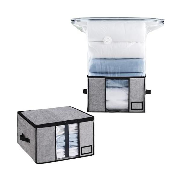 グレー/S/-・Size:SColor:グレー・大容量：収納ボックス(1 枚)：40 42 25 cm 圧縮袋(1 枚)：80 80 38 cm。収納目安：掛け布団を2枚くらい、衣類を10枚くらい、ぬいぐるみを5個くらい収納できます。圧縮袋...