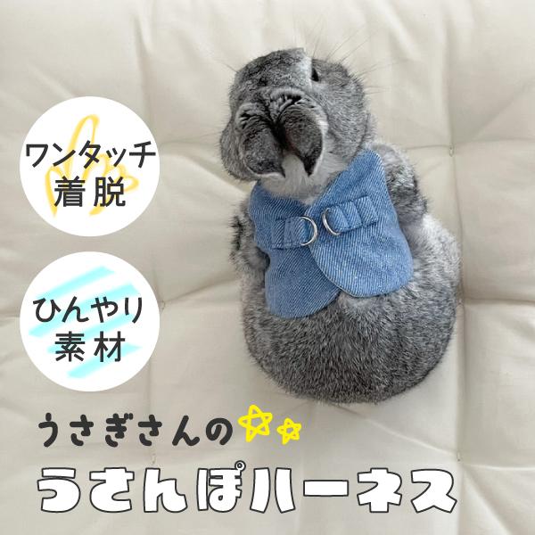 商品名：うさぎさんのうさんぽハーネス ライトブルーデニムサイズ：Mサイズ(1.5kg以下のうさぎさん)身幅　おおよそ26cm首回り　おおよそ18cmLサイズ(1.5kg以上のうさぎさん)身幅　おおよそ28cm　首回り　おおよそ20cm内容品...