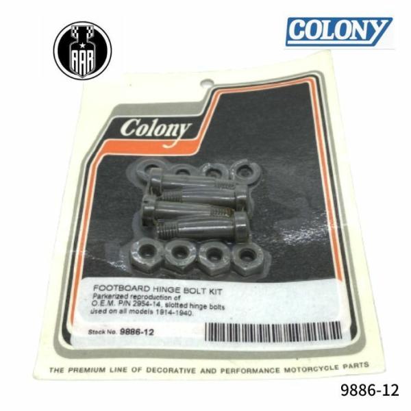 オーダー ナンバー：9886-12OEM HD Number： 2954-14NEW HD Number：9886-12 Colony コロニー フットボード ヒンジボルト キット スロット付き ハーレーダビッドソン 1914-40年 全モ...