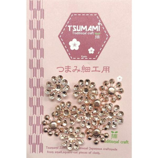 商品名： つまみ細工用 座金C ピンクゴールド メール便/宅配便可品　番： tp-60サイズ： 直径約13mm平らに開いた場合：約16mm素　材： 鉄合金容量： 10個