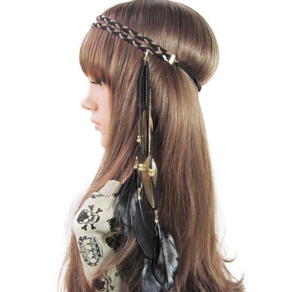 商品名: Song Qing レディース ヒッピーヘッドバンドヘアアクセサリー 編組羽 葉 タッセル ワンサイズ ブラック 70s Hippie Headbands for Women Feather Leaf Tassels Braide...