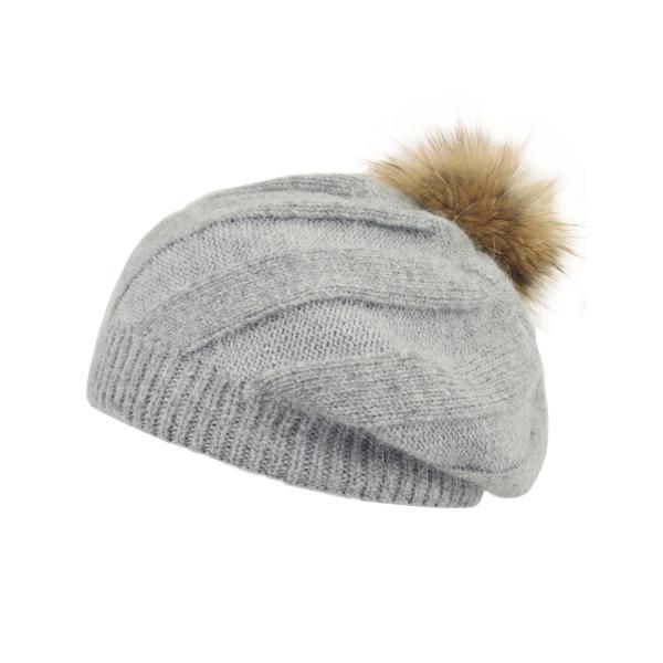 商品名: Dahlia レディース ベレー帽 アンゴラ ウール 冬用帽子 二層 スパイラルツイスト付き, ファーポンポン:グレー。, One Size Dahlia Women's Winter Hat - Angora Wool Slou...