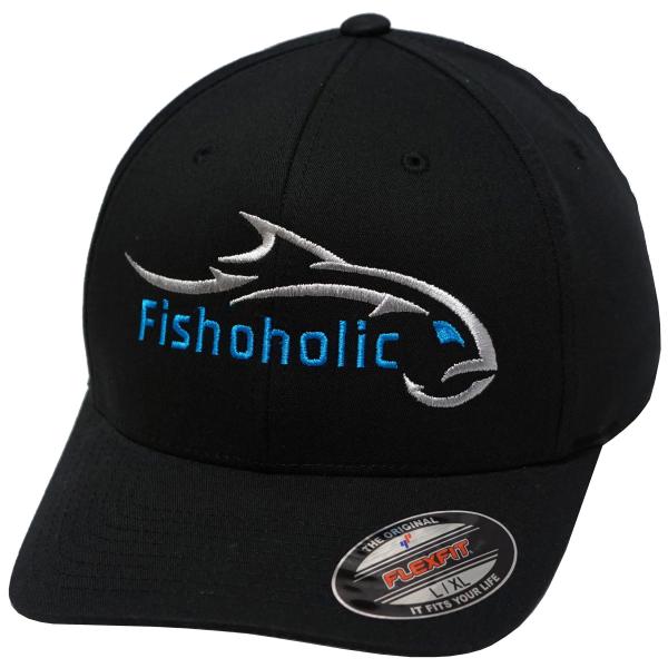 商品名: (Large/X-Large, Black/Silver-Blue) - Fishoholic Baseball Fishing Hat 6 Colours &amp; 3 Sizes. Angry Fish Logo on Tr...