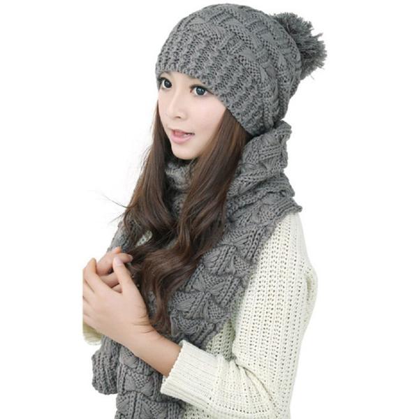 商品名: TCCSTAR HAT ガールズ カラー: グレー TCCSTAR Women Girls Knitted Hat Carf Set Fashion Winter Warm Knitted Hat with Attached Sc...