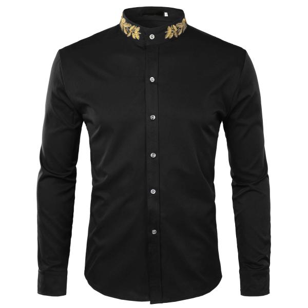 商品名: ZEROYAA メンズ ヒップスター ゴールド 刺繍 マンダリンカラー スリムフィット 長袖 カジュアル ドレスシャツ US サイズ: Large カラー: ブラック ZEROYAA Mens Hipster Gold Embro...