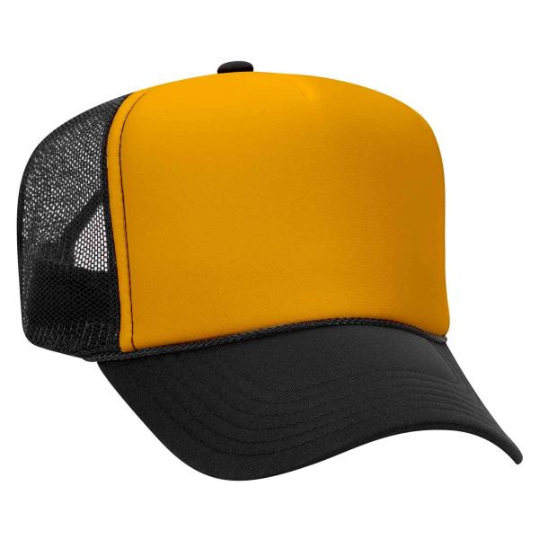 商品名: Otto Cap 5パネルハイクラウンメッシュバックトラッカーハット ポリエステルフォームフロント, Blk/Gld/Blk。, One Size OTTO 5 Panel High Crown Mesh Back Trucker...