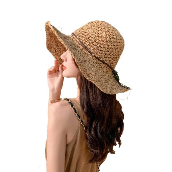 商品名: 糸田町夏ビーチCrocheted Straw Sun Hat、折りたたみ式UPF 50 +ワイドつば調節可能な通気性紫外線対策保護スイートナチュラルリボン付きキャップforレディース&amp;メンズ旅行ハワイアン One Size...