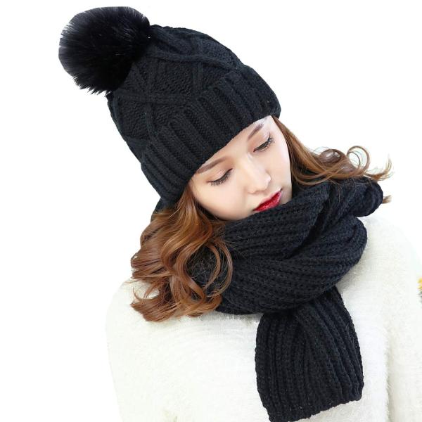 商品名: KRATARC ACCESSORY レディース US サイズ: Medium カラー: ブラック KRATARC Cold Winter Women Warm Scarf Beanie Hat Set Kint Fleece Gi...