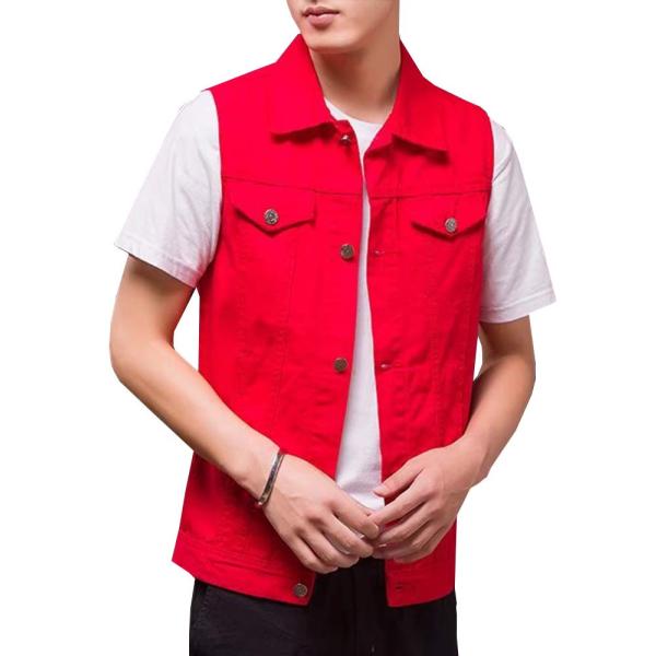 商品名: Kedera メンズ ノースリーブ デニムベスト ボタンダウン トラッカー ジーンズジャケット US サイズ: Large カラー: レッド Kedera Men's Sleeveless Denim Vest Button-Do...