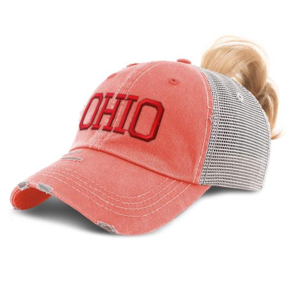 商品名:  Womens Ponytail Cap Ohio State USA America B Embroidery Cotton Distressed Trucker Hats Strap Closure Coral Design ...