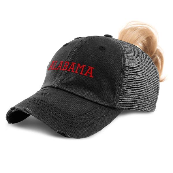 商品名:  Womens Ponytail Cap Alabama USA State City E Embroidery Cotton Distressed Trucker Hats Strap Closure Black Design ...
