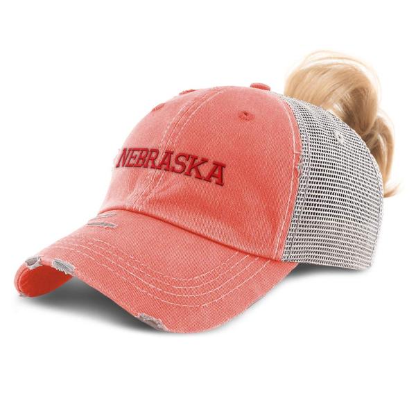 商品名:  Womens Ponytail Cap Nebraska State USA America B Embroidery Cotton Distressed Trucker Hats Strap Closure Coral Des...