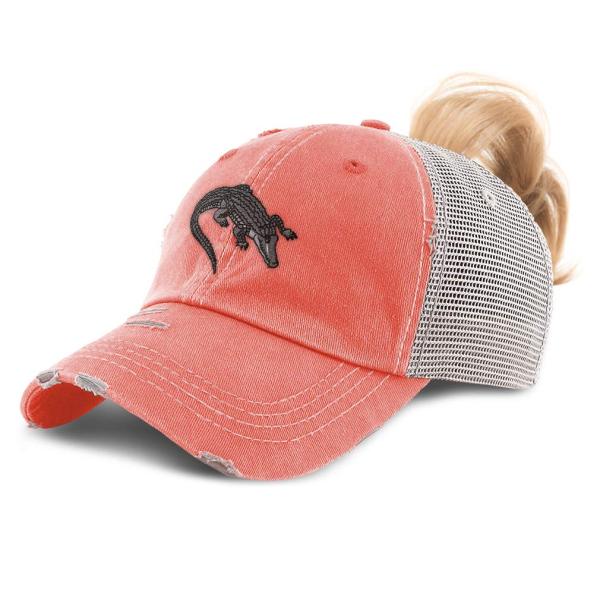 商品名:  Womens Ponytail Cap Gator Florida Swamp Embroidery Cotton Messy Bun Distressed Trucker Hats Strap Closure Coral De...