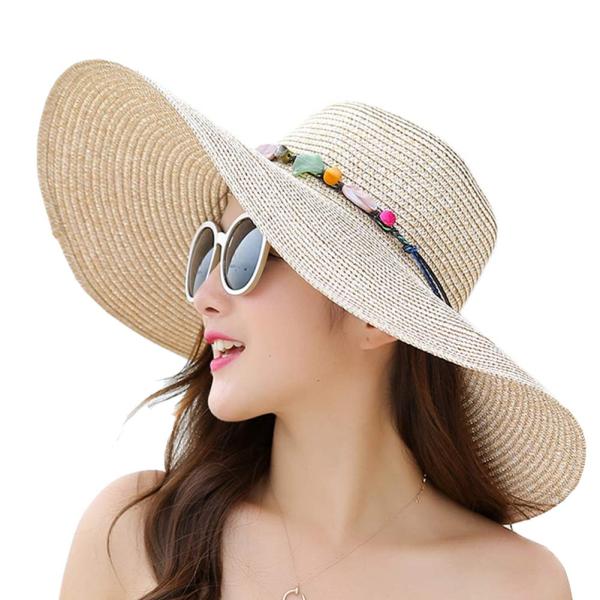 商品名: FSIGOM レディース フロッピー, チェーン-ベージュ, Large Women's Wide Brim Sun Protection Straw Hat,Folable Floppy Hat,Summer UV Protec...