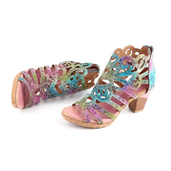 商品名:  CrazycatZ Leahter Heeled Sandals, Women's Block Heels Roman Sandals Colorful Flower Vintage Slip-on Leather Shoes ...