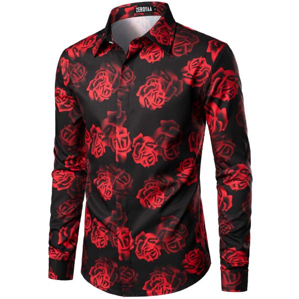 商品名: ZEROYAA メンズ ヒップスタープリント ポリエステル スリムフィット 長袖 ボタンダウン 花柄ドレスシャツ US サイズ: Large カラー: レッド ZEROYAA Men's Hipster 3D Rose Print...