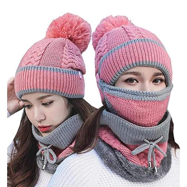 商品名: 3-in-1 レディース ポンポン付きビーニー帽 スカーフ マウスカバーセット 冬用 暖かいニットフリース裏地 イヤーフラップキャップ US サイズ: One Size カラー: ピンク 3-in-1 Women Knit Bea...