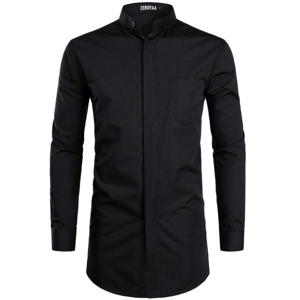 商品名: ZEROYAA メンズ ヒップスター ロング スリムフィット 長袖 バンドカラー シャツ ポケット付き, ブラック, X-Large ZEROYAA Men's Hipster Longer Slim Fit Long Sleev...