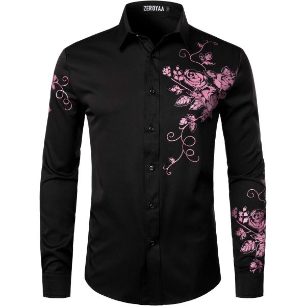 商品名:  ZEROYAA Men's Hipster Rose Floral Printed Slim Fit Long Sleeve Button Up Party Dress Shirts ZZCL63 Black Pink X La...