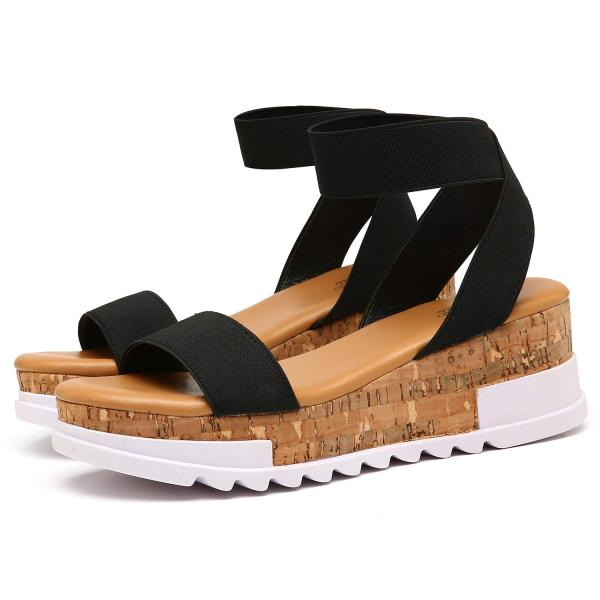 商品名: katliu レディース ウェッジプラットフォームサンダル 伸縮性アンクルストラップ コルクプラットフォームサンダル US サイズ: 7.5 カラー: ブラック katliu Women's Wedge Platform Sand...