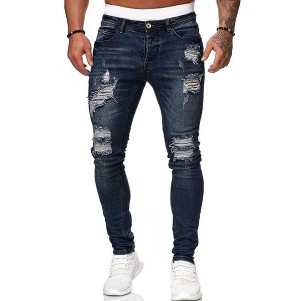商品名:  N / D Men Stretchy Ripped Skinny Biker Jeans Slim Fit Denim Pants Destroyed Hole Pencil Pant (Dark Blue, XXL)ブランド:...